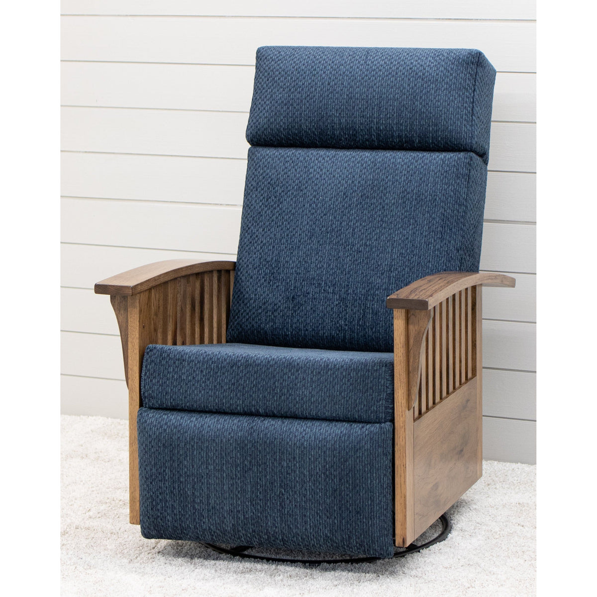 Mission Blue Fabric Swivel Glider Recliner with Hickory Wood Arms
