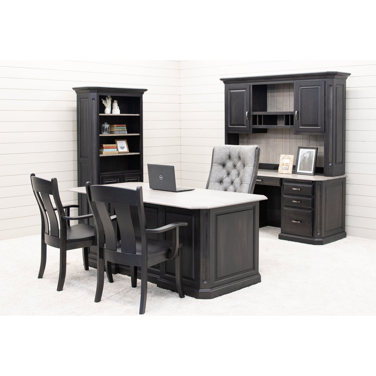 Buckingham Black & White Oak Wood Desk with Hutch Top