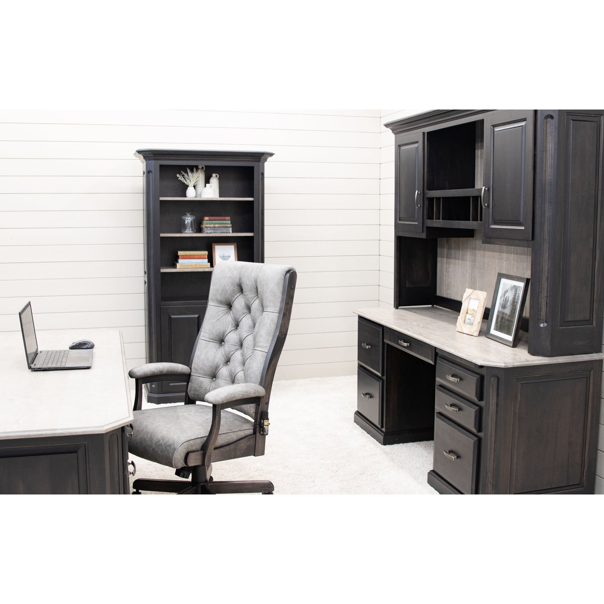 Buckingham Black & White Oak Wood Desk with Hutch Top