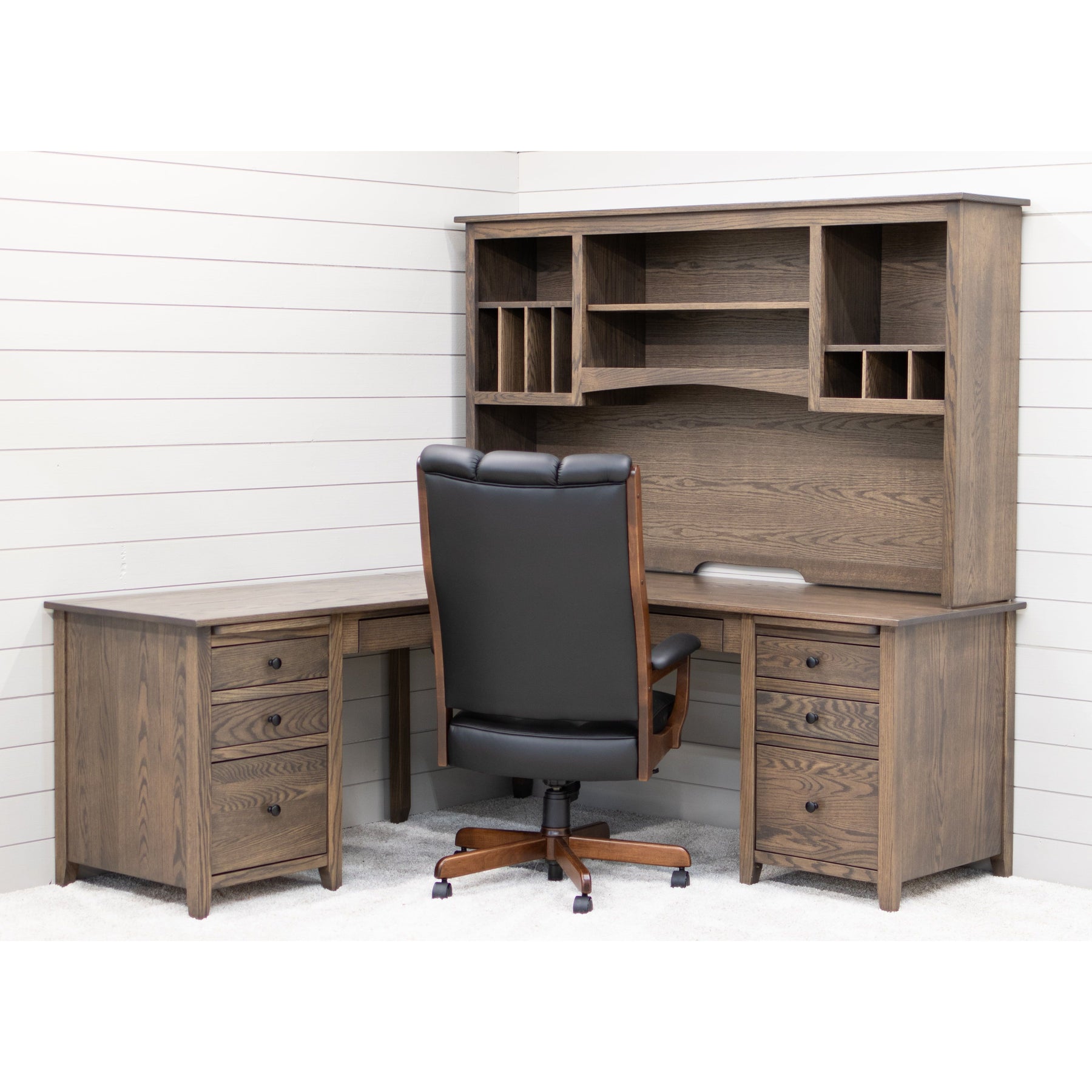 Upgrade your workspace with a wooden L-shaped desk today!