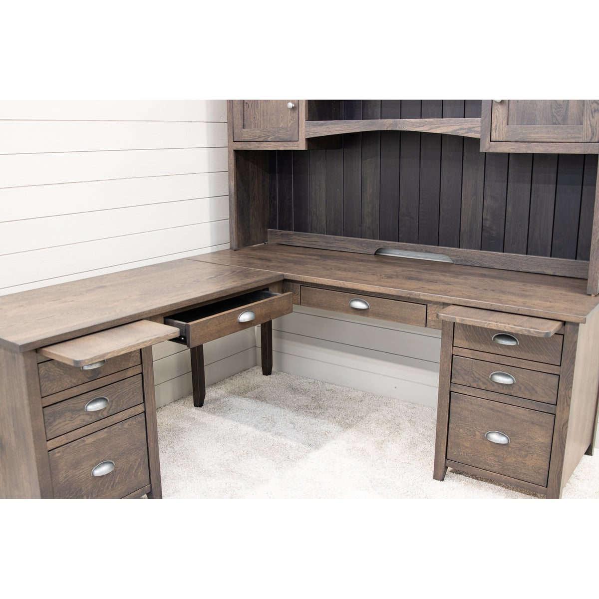 Phoenix L White Oak Wood Desk with Hutch Top in Stone Brown