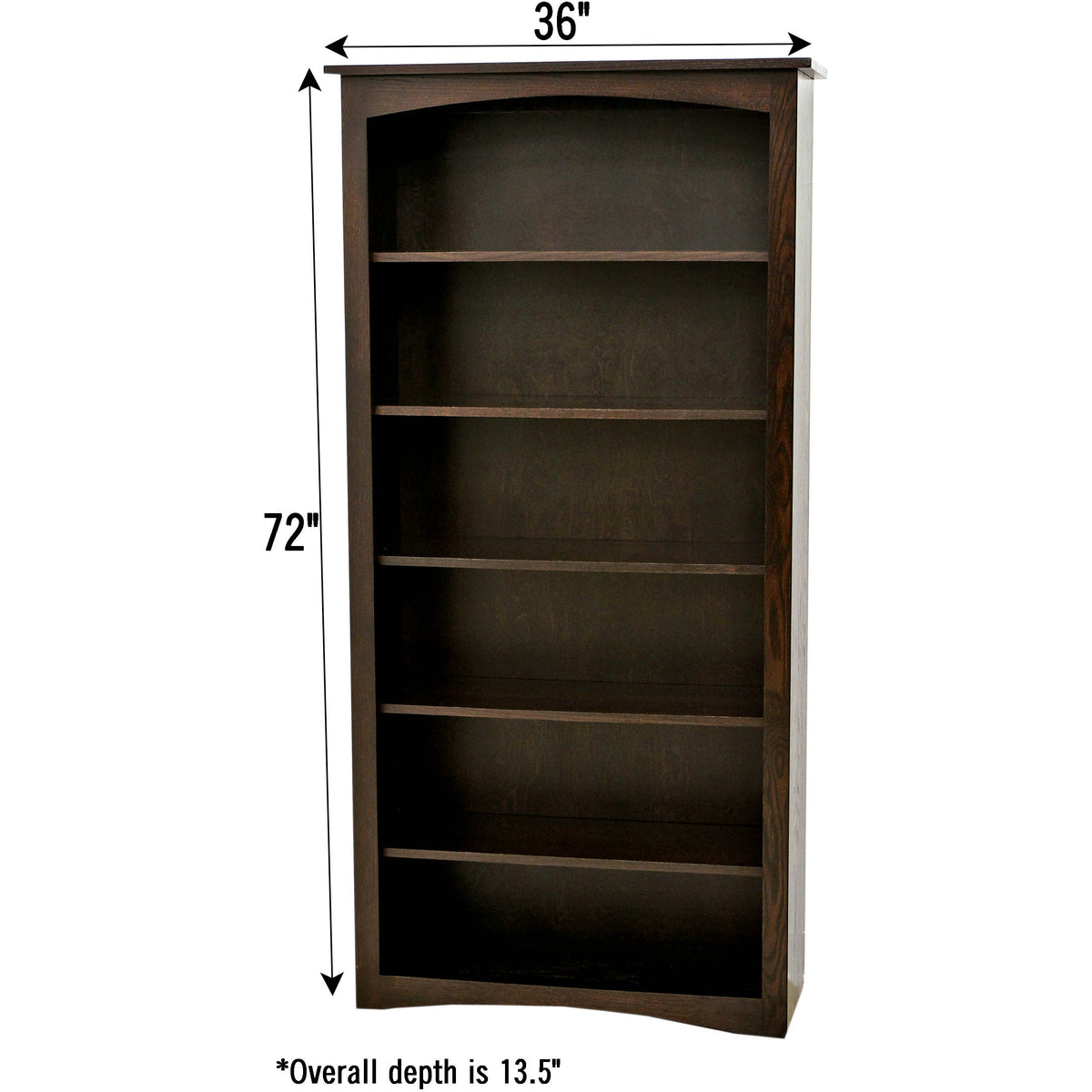 Shaker Black Solid Oak Wood 72" Bookcase in Ebony Color