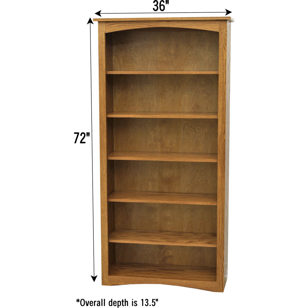 Shaker Solid Red Oak Wood 72" Bookcase in Fruitwood Color