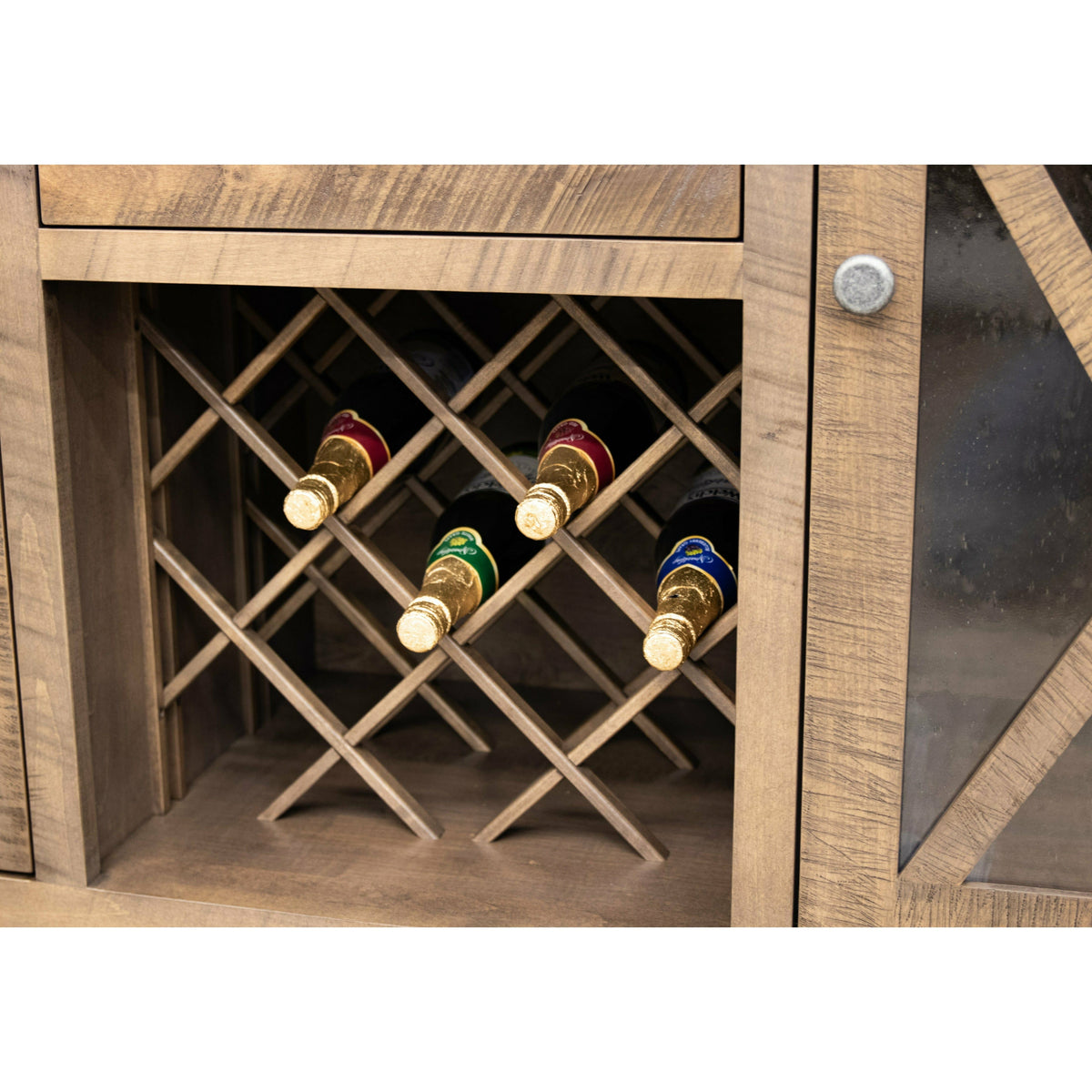Farmhouse Maple Wood Wine Buffet with Hutch Top in Driftwood